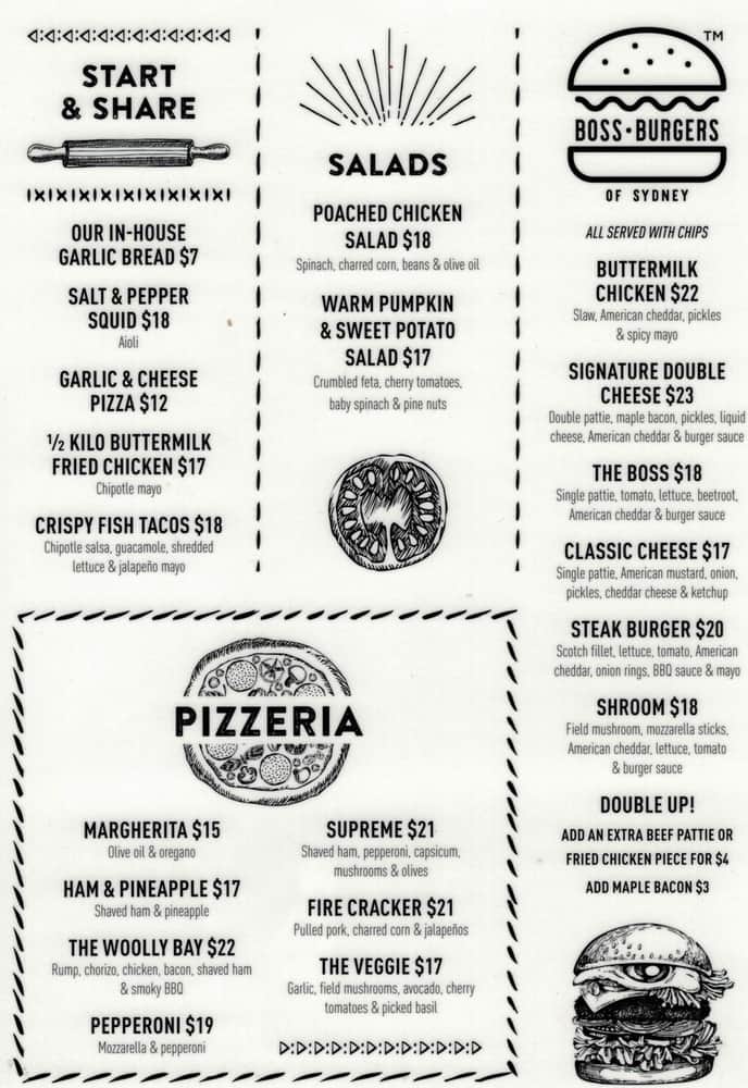 Menu at Woolly Bay Hotel pub & bar, Woolloomooloo