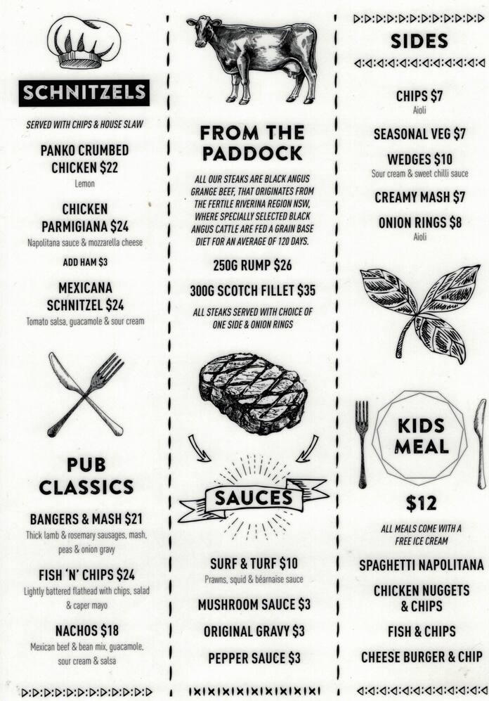 Menu at Woolly Bay Hotel pub & bar, Woolloomooloo