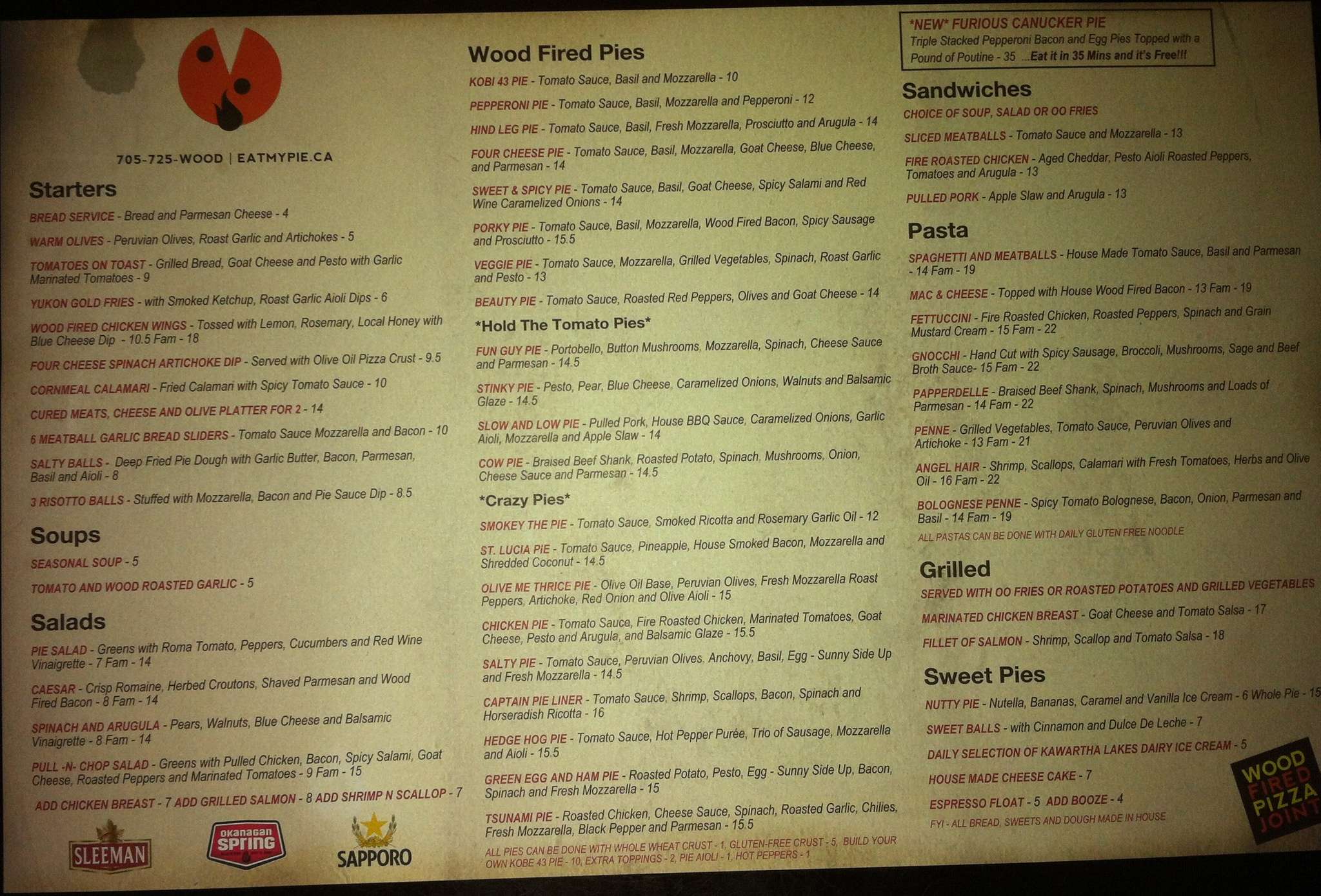 Menu at Pie restaurant, Barrie, 34 Commerce Park Dr