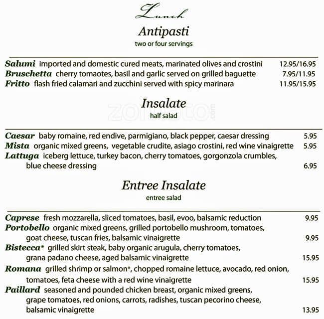 Menu at Toscana restaurant, Charlotte