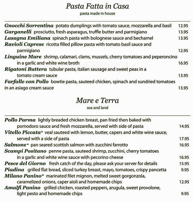 Menu at Toscana restaurant, Charlotte