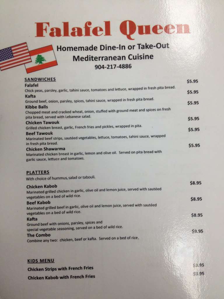 Menu at Falafel Queen restaurant, St. Augustine