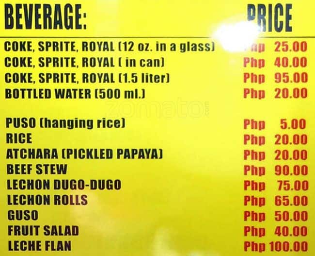 Menu at Chicky' Oink Lechon Belly restaurant, Lapu-Lapu City, 8X75+VR7