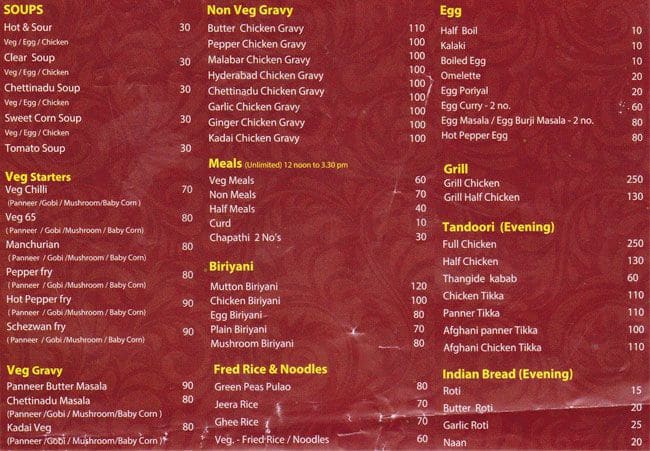 Menu at Sri Balaji Chettinad Mess, Coimbatore, bus stop