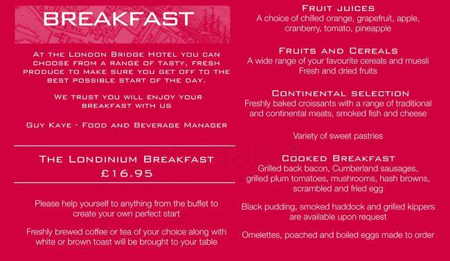Menu at London Bridge Hotel restaurant, London, 8-18 London Bridge St