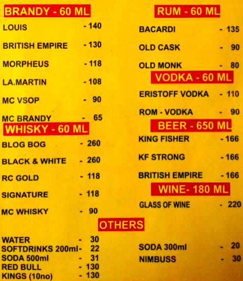 Menu at Golden Sports & Recreation Club, Chennai