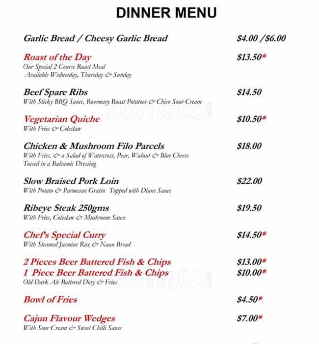 Menu at Papanui Club, Christchurch