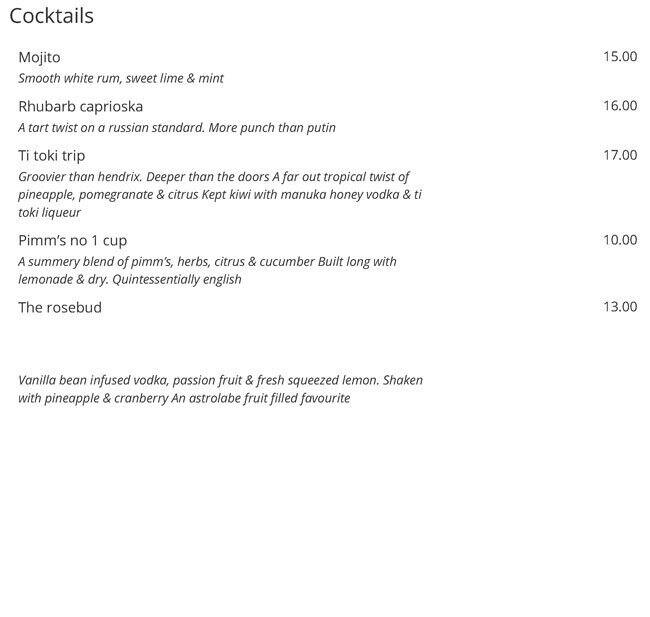 Menu at Astrolabe Brew Bar, New Zealand