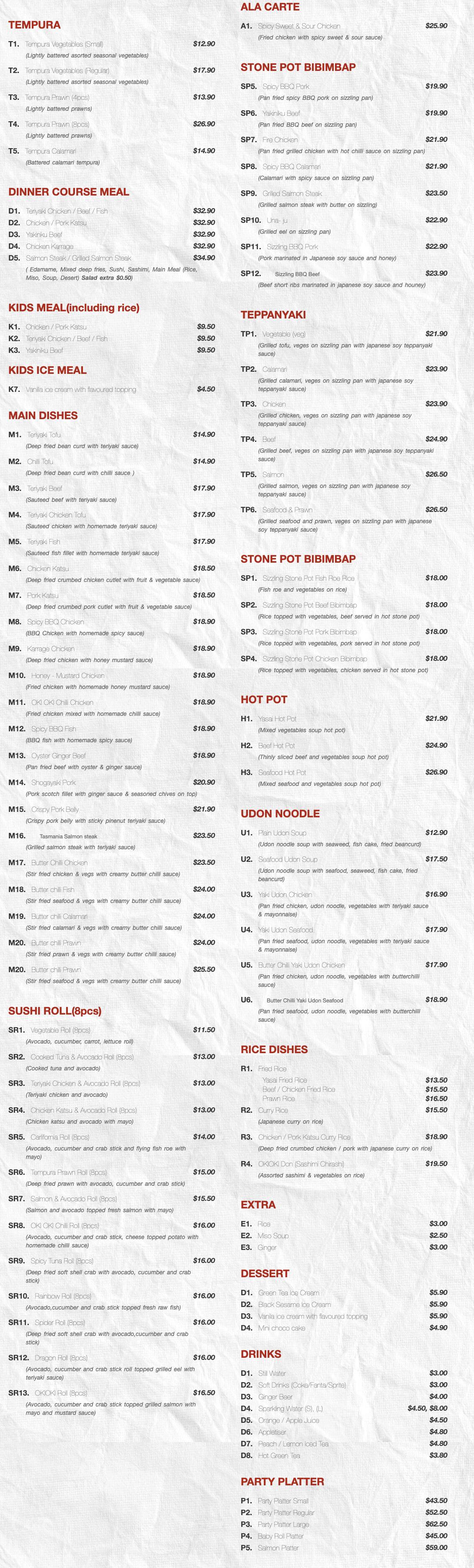 Menu at Sushi Nori restaurant, Hornsby