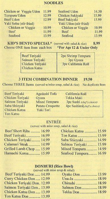 Menu at Senro Sushi restaurant, San Ramon