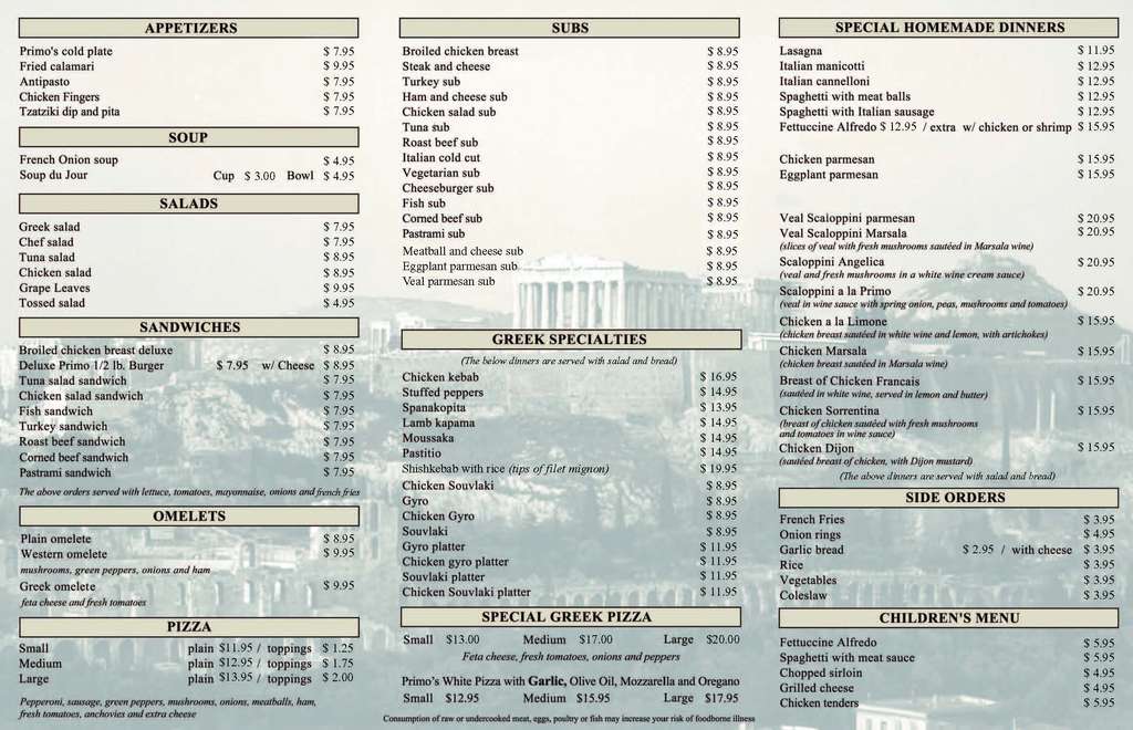 Menu at Primo Family Restaurant, Alexandria
