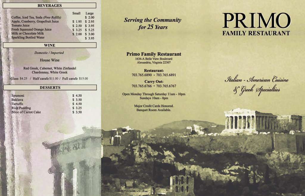 Menu at Primo Family Restaurant, Alexandria