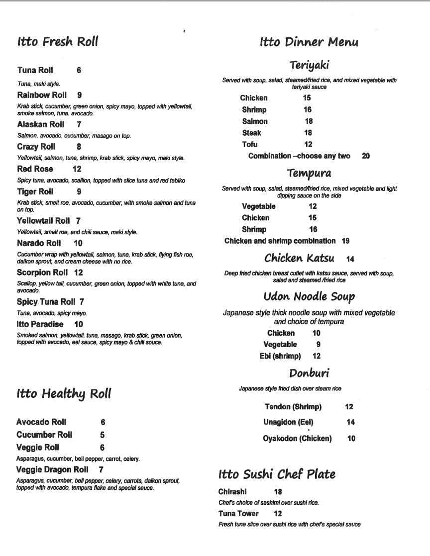 Menu at Sushi Itto restaurant, Atlanta