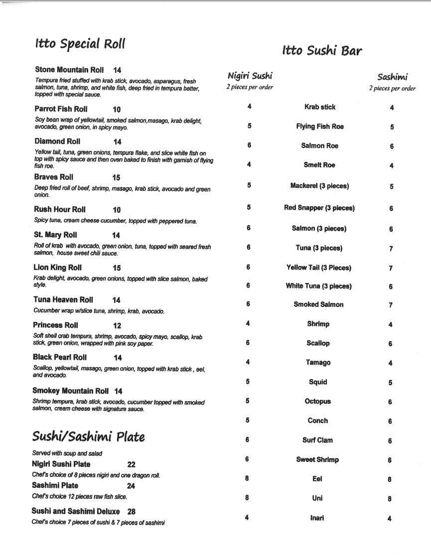 Menu at Sushi Itto restaurant, Atlanta