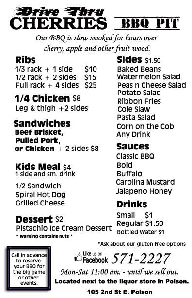 Menu at Cherries BBQ Pit, Polson