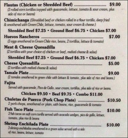 Menu at Senor Burritos restaurant, Westminster, Federal Blvd