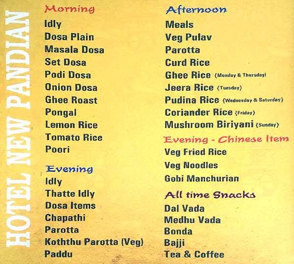 Menu of Hotel New Pandian, KR Puram, Bangalore