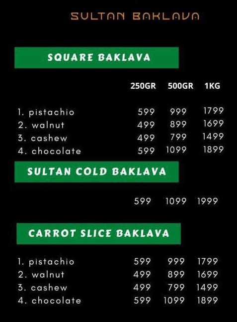 Menu of Sultan Turkish Baklava, Sector 135, Noida