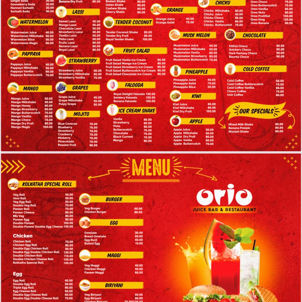 Menu of Orio Juice Bar & Bakes, Marathahalli, Bangalore