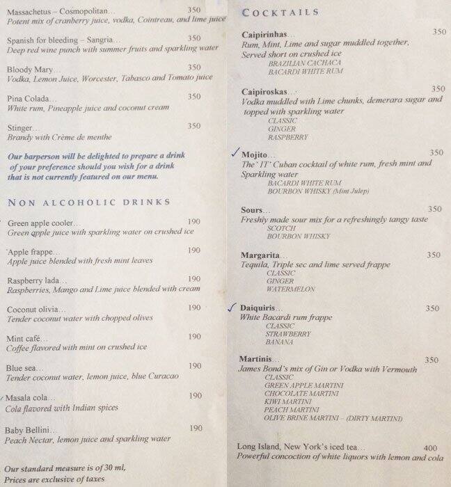 Menu at Zodiac, Bengaluru, Fortune Select Trinity