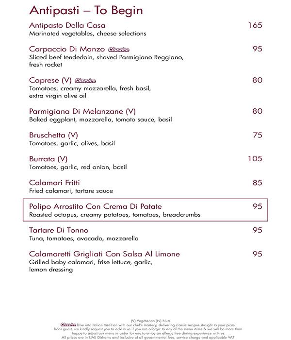 Menu of Prego's - Beach Rotana, Tourist Club Area (Al Zahiyah), Abu Dhabi