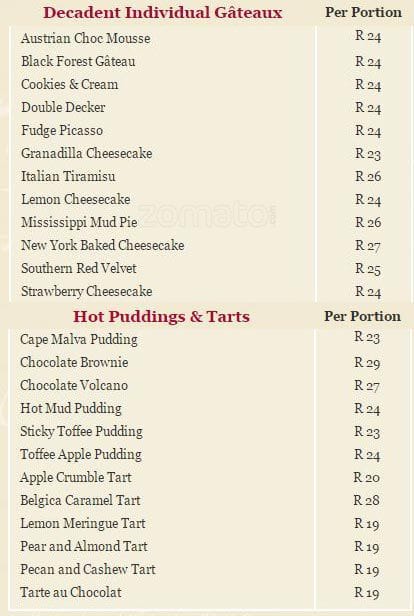 Menu at Château Gâteaux Riverside Shopping Centre restaurant, Sandton ...