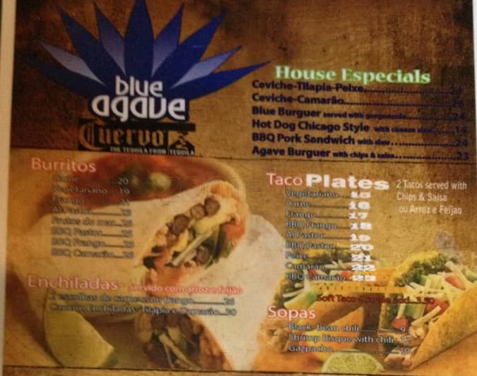 Menu at Blue Agave pub & bar, Rio de Janeiro, Rua Vinicius de Moraes 68