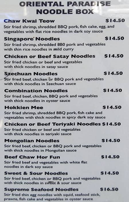 Menu at Oriental Paradise Chinese Restaurant, Lilydale