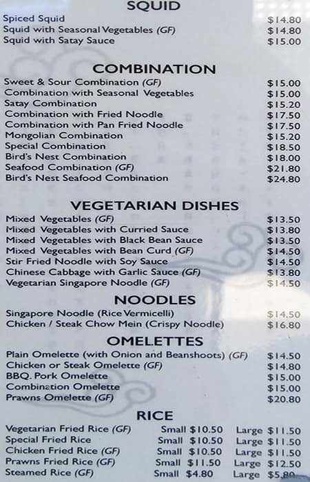 Menu at Oriental Paradise Chinese Restaurant, Lilydale