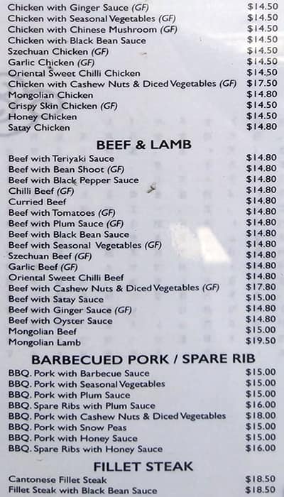 Menu at Oriental Paradise Chinese Restaurant, Lilydale