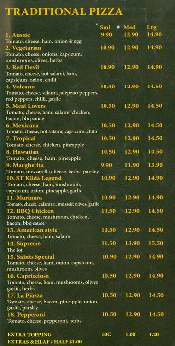 Menu at Saints Kitchen restaurant, Saint Kilda