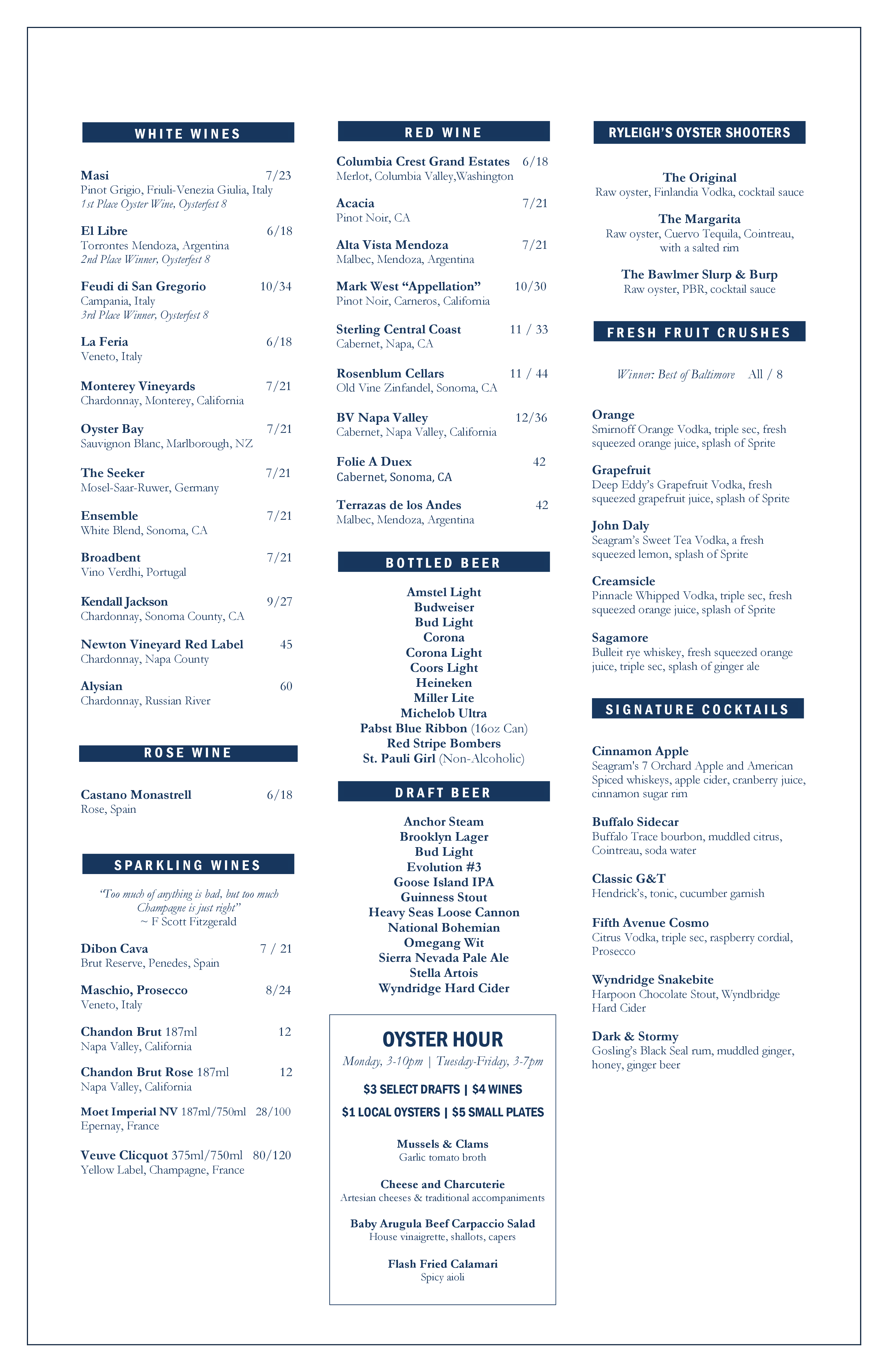 Menu at Ryleigh's Oyster pub & bar, Baltimore, 36 E Cross St