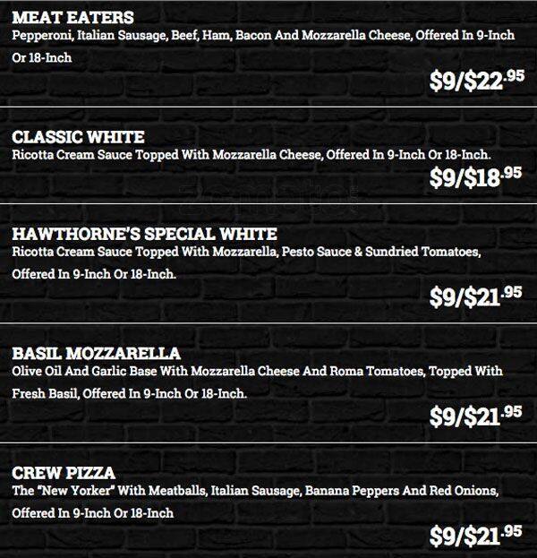 Menu at Hawthorne's New York Pizza and Bar 7th Street, Charlotte, E 7th St