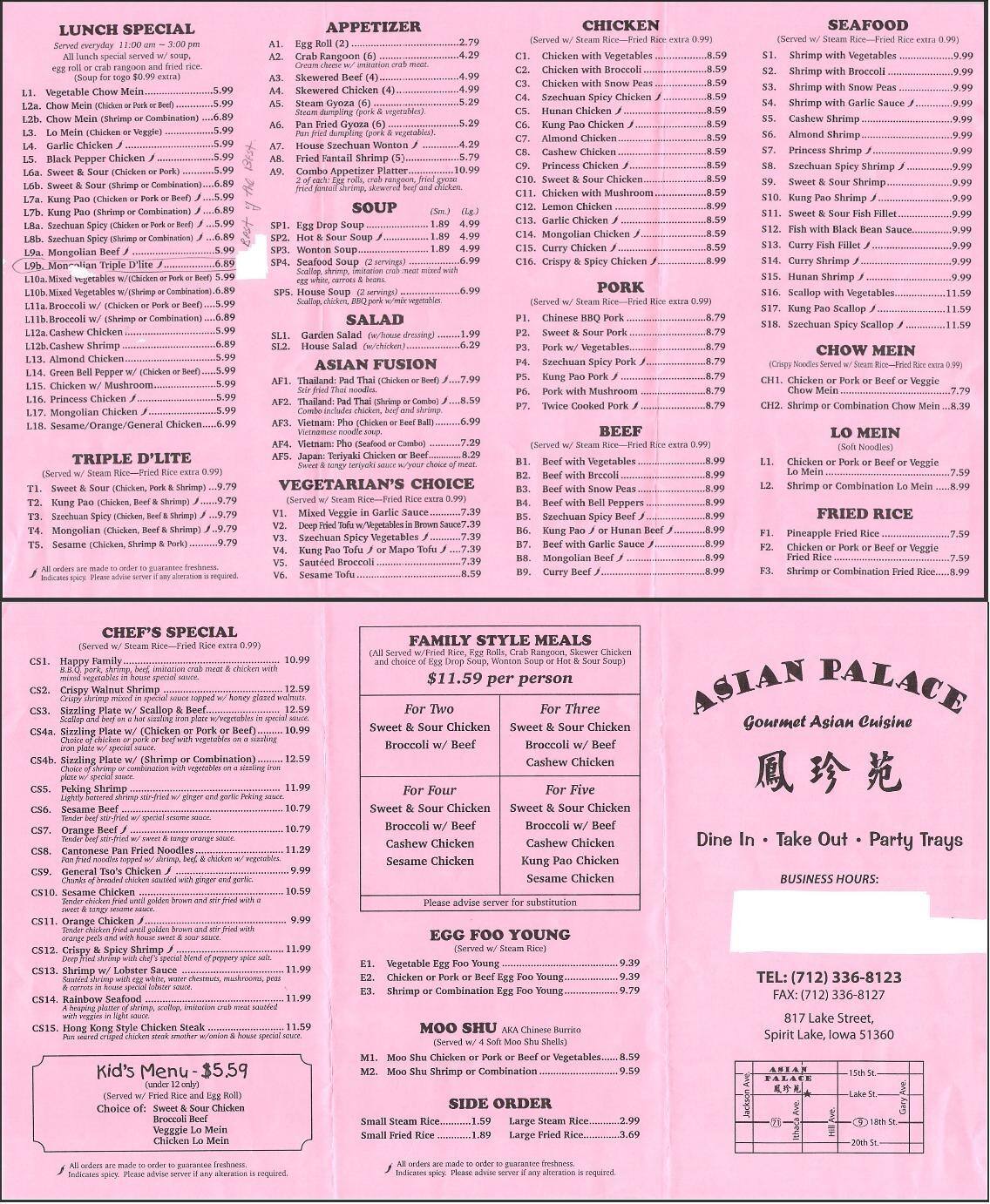 Menu at Chen Garden restaurant, Spirit Lake