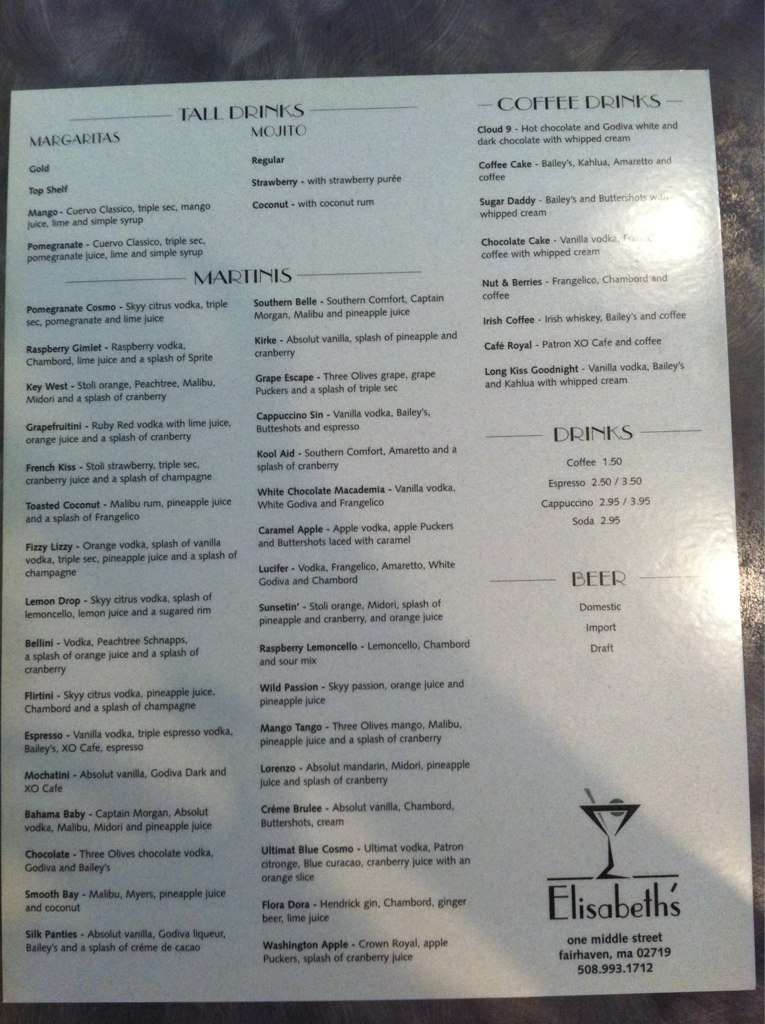 Menu at Elisabeth's restaurant, Fairhaven
