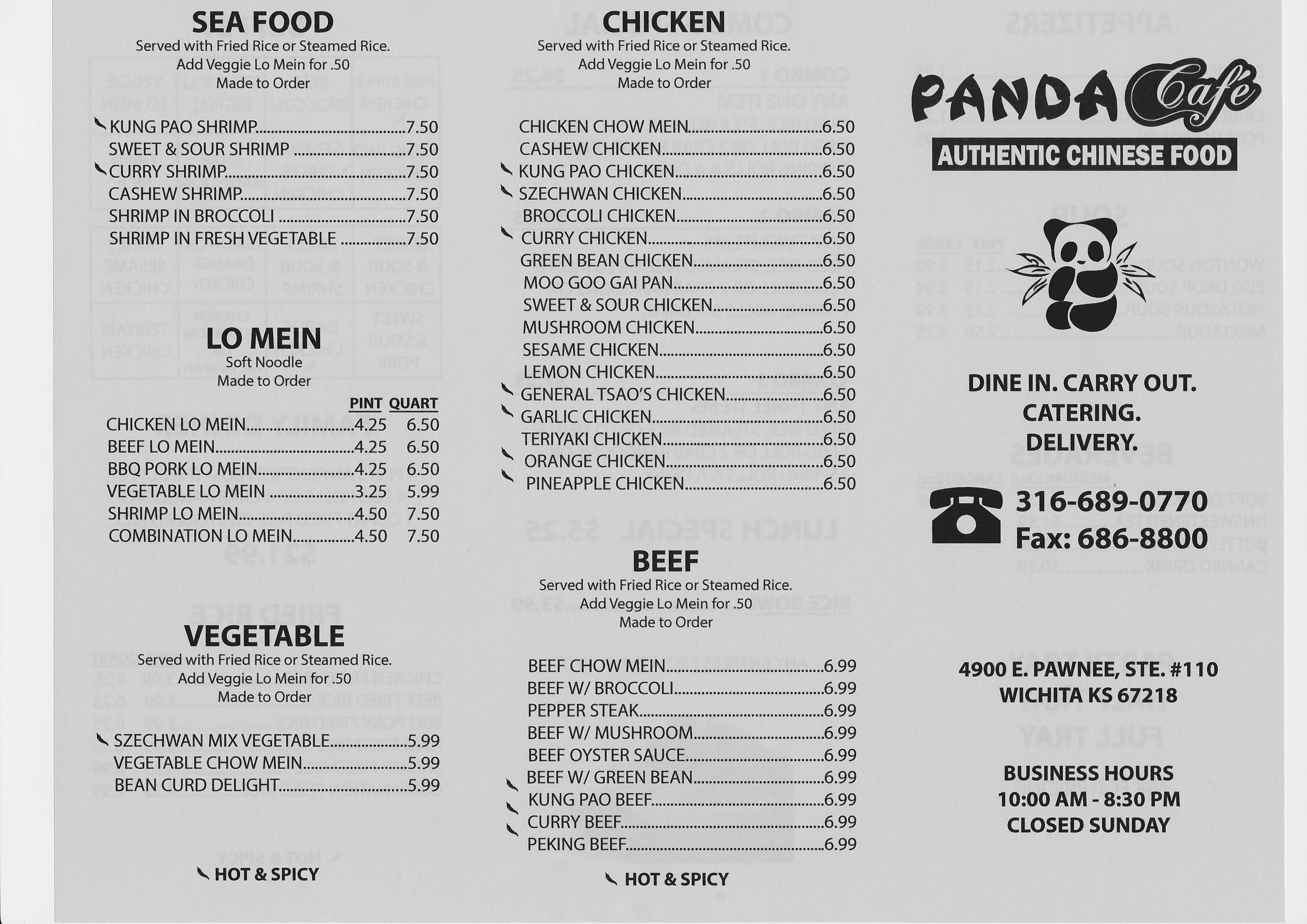 Menu at Panda Cafe, Wichita, E Pawnee St