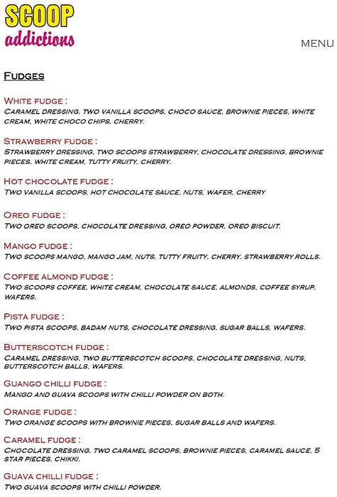 Menu of Scoop Addictions, Bannerghatta Road, Bangalore