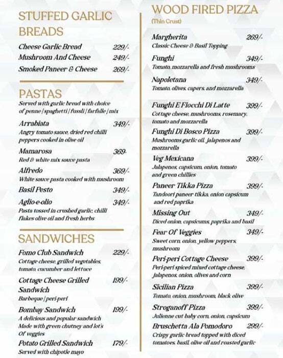 Menu at FOMO, Jodhpur