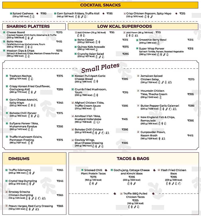 Menu of Bohoba, Malad West, Mumbai