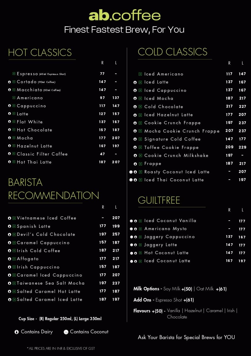 Menu of abcoffee, Vashi, Navi Mumbai