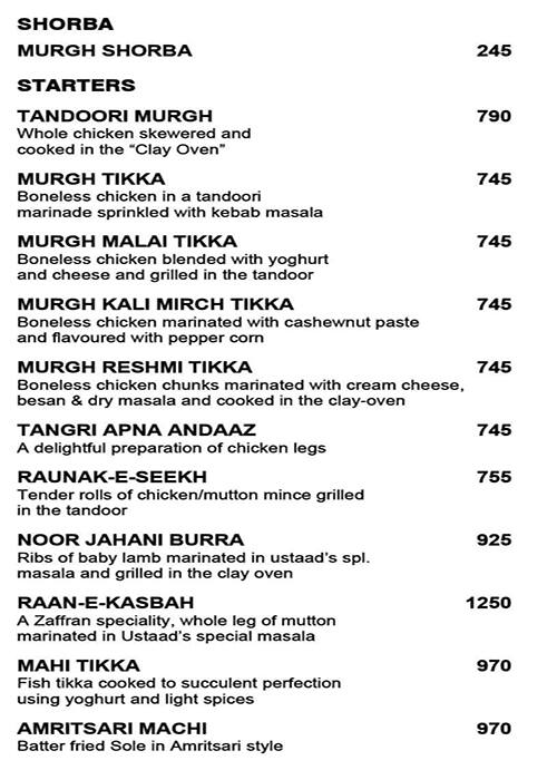 Menu of Zaffran, Connaught Place, New Delhi
