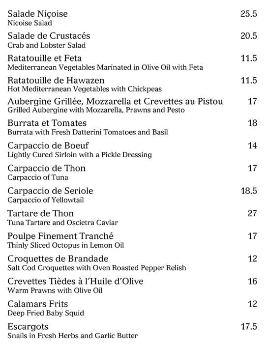 Menu at LPM Restaurant & Bar, London