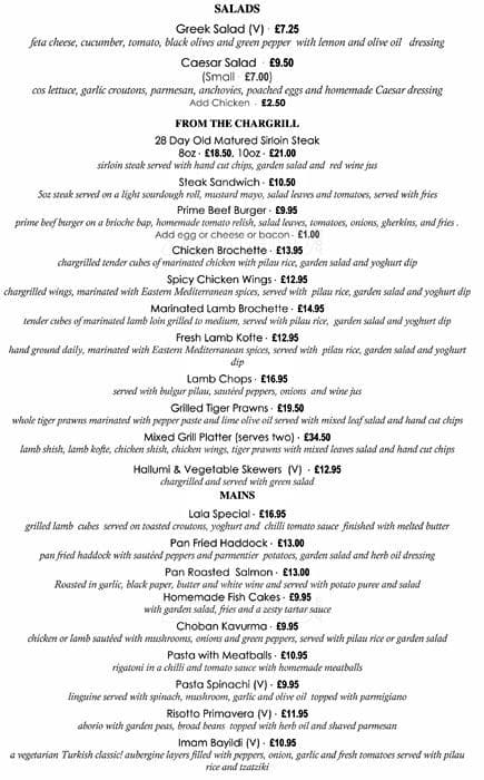 Carta del restaurante Lala, Londres, 2-4 Queen Caroline St