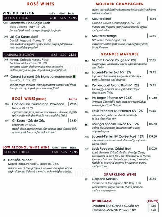 Carta del restaurante Lala, Londres, 2-4 Queen Caroline St