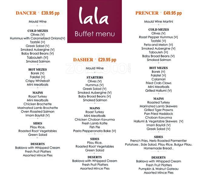 Carta del restaurante Lala, Londres, 2-4 Queen Caroline St
