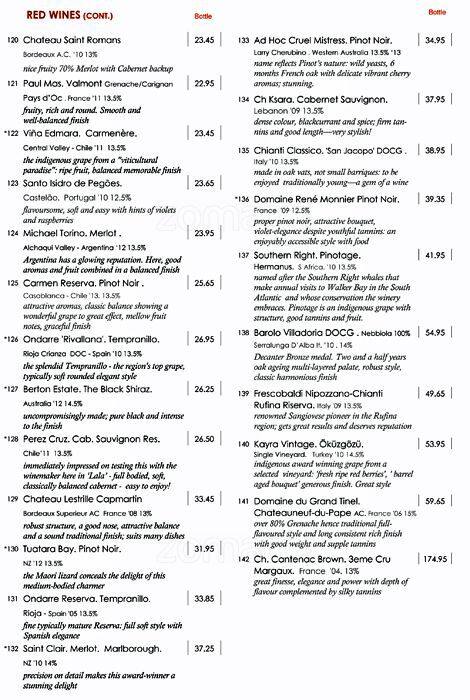 Carta del restaurante Lala, Londres, 2-4 Queen Caroline St