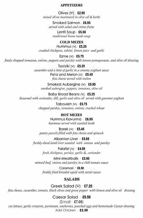 Carta del restaurante Lala, Londres, 2-4 Queen Caroline St