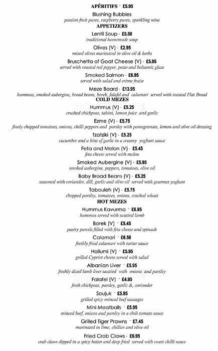 Carta del restaurante Lala, Londres, 2-4 Queen Caroline St