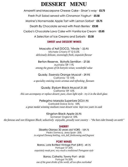 Carta del restaurante Lala, Londres, 2-4 Queen Caroline St