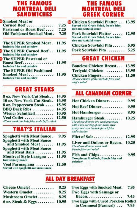 Menu at Montreal Deli restaurant, Mississauga, Dundas St E